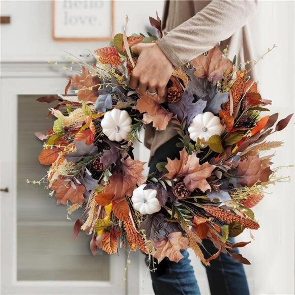 Holiday | 24 Inch Fall Wreath For Front Door With White Pumpkins Grains ...